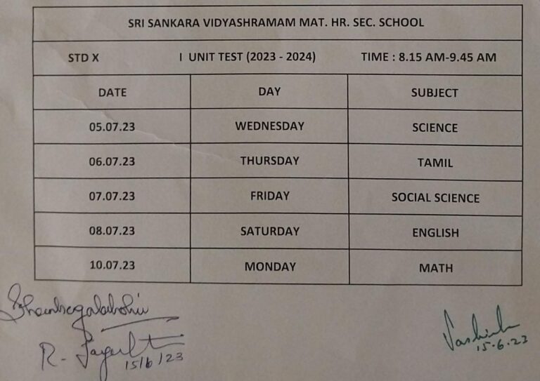 STD X - I UNIT TEST TIME TABLE - SSVTR